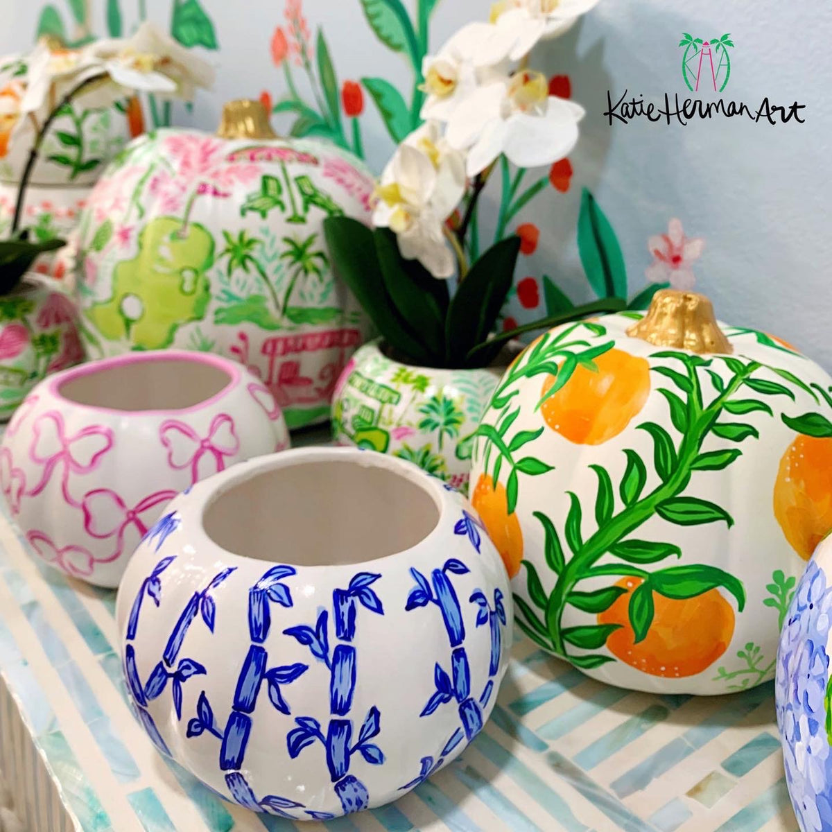 Pumpkin cachepot | petite pink bows – Katie Herman Art